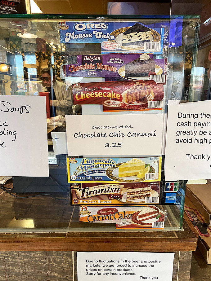 Dessert heaven awaits! The display case showcases Italian classics from tiramisu to cannoli, each promising the perfect finale to your meal.