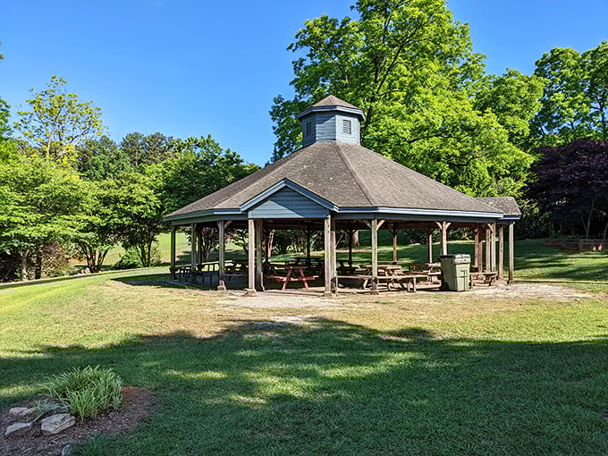 This peaceful park pavilion invites leisurely afternoons that remind you why hammocks were humanity's greatest invention.