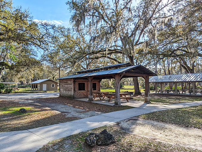 History's front porch: This rustic log cabin and pavilion area transports visitors back to Florida's frontier days, minus the mosquitoes and dysentery.