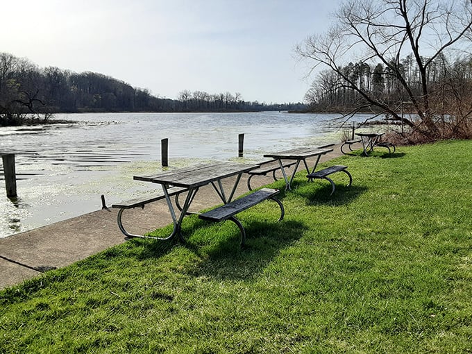 Lakeside picnic tables waiting for your sandwich masterpiece. The water view comes free of charge&mdash;unlike those "premium" Manhattan restaurant seats.