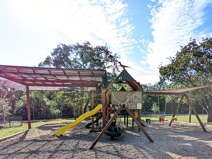 Even dinosaurs understand the importance of a good playground. Swings, slides, and zero chance of becoming lunch!