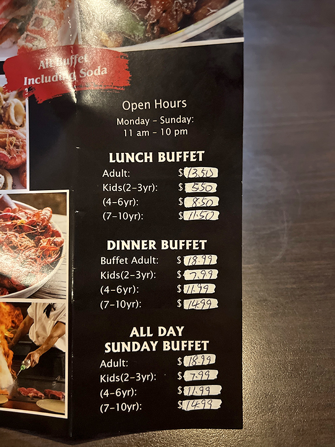 These aren't just prices—they're admission tickets to a food festival where kids get discounted entry. Sunday's special pricing suggests it's the Super Bowl of buffet days.