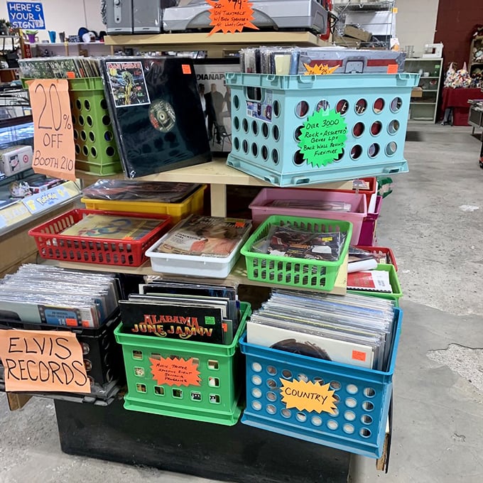 Vinyl heaven awaits crate-diggers! From Elvis to Alabama, these colorful bins hold forgotten hits and the soundtrack to your teenage years.