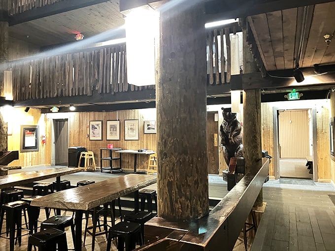 Rustic timber beams and worn wooden floors tell stories of powder days past. This lodge gathering spot practically whispers "take a load off" after a day on the slopes.