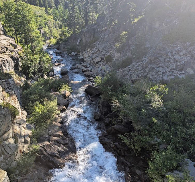 The creek below whispers secrets of snowmelt, carrying stories from mountaintop to lake in crystal-clear chapters.