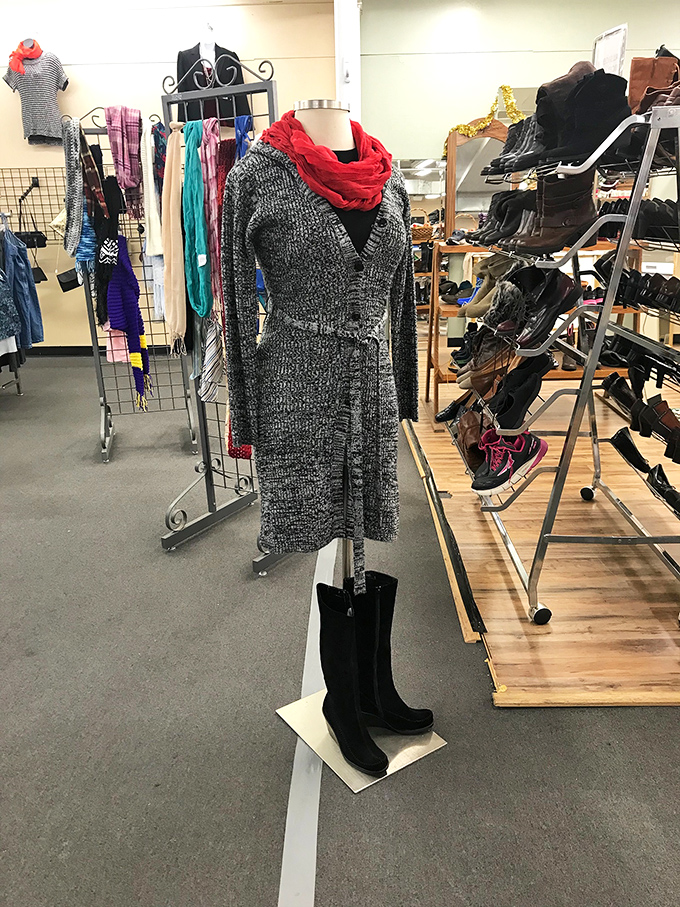 Fashion that doesn't break the bank! This stylish gray coat and scarf combo proves secondhand doesn't mean second-rate.