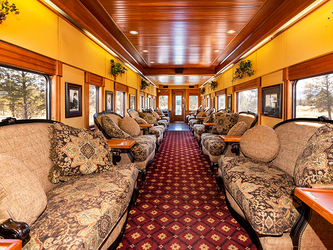 Plush vintage seating invites you to sink in and watch America roll by, like your grandmother's living room suddenly granted the gift of mobility.