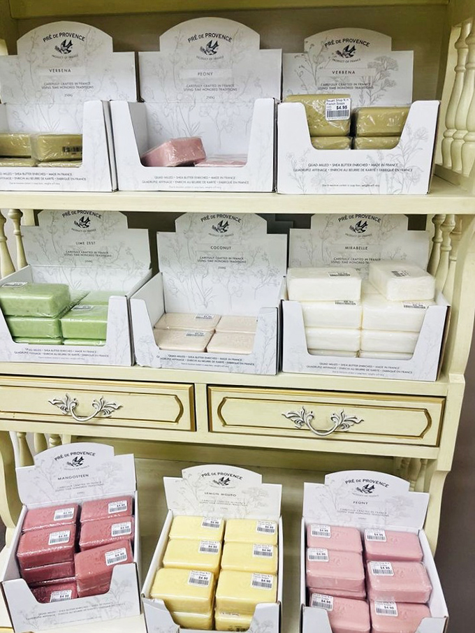 French soaps arranged with the precision of a Parisian parfumerie. Who knew secondhand shopping could feel so luxuriously first-class?