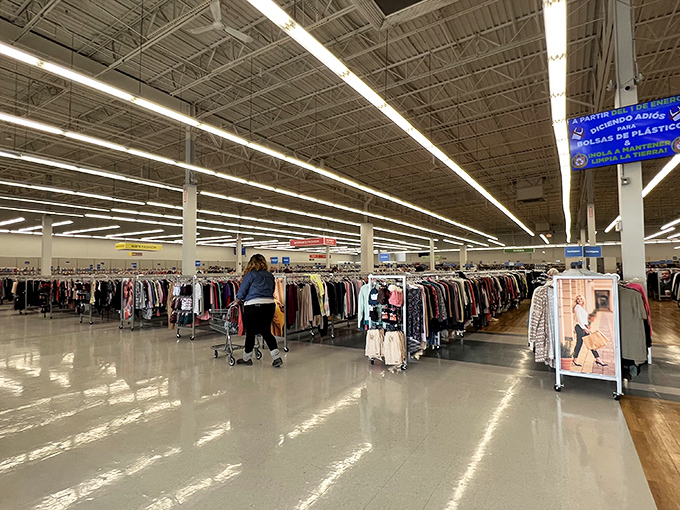 Endless racks of possibility stretch toward the horizon. In this thrifter's paradise, one person's castoffs become another's fashion statement.