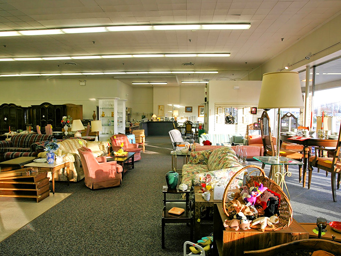 Every aisle tells a different decade's story, from disco-era sofas to millennial minimalist tables living in peaceful coexistence.