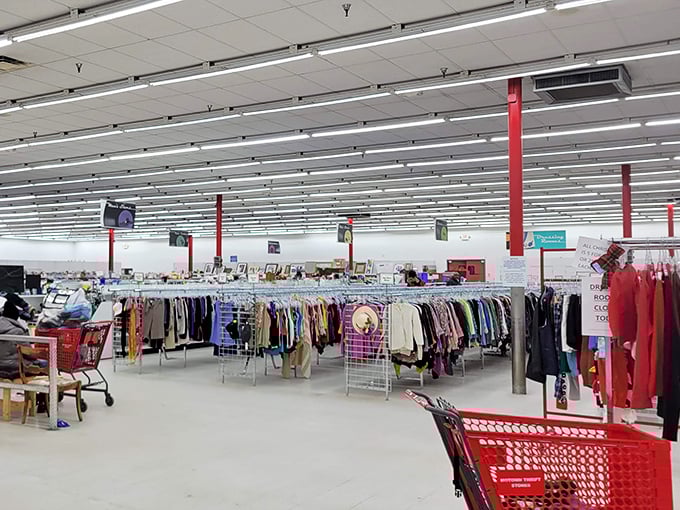 Endless racks stretch toward the horizon in this bargain wonderland. It's like an archaeological dig where every artifact costs less than lunch.