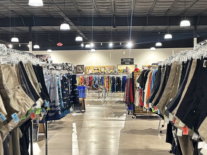 Racks upon racks of meticulously organized clothing stretch into the distance, a paradise for fashion-forward penny-pinchers.