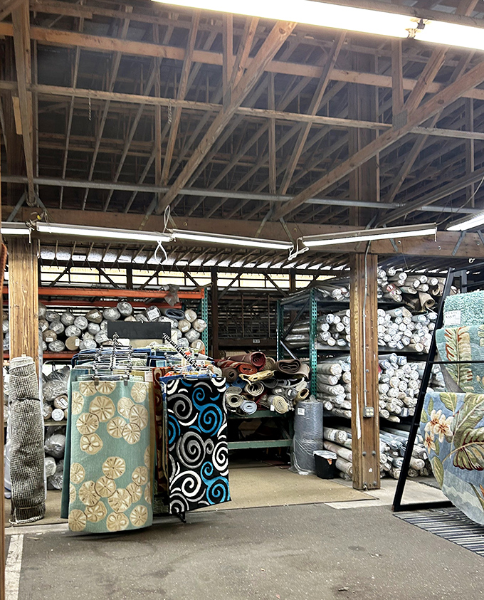 Fabric heaven awaits the creative soul! Rolls upon rolls of textiles stand ready to transform into your next project or breathe new life into tired furniture.