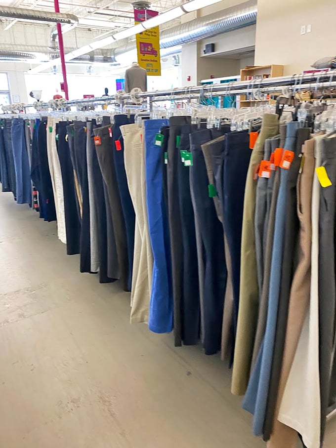 The pants section rivals department stores with its meticulous organization. Every size, color, and style awaits&mdash;no digging required for these second-hand gems.