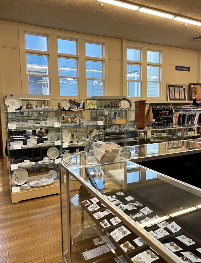 The jewelry and fine china section sparkles with possibility. One person's passed-down heirloom becomes another's conversation starter.
