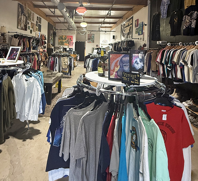 Racks upon racks of carefully curated clothing create pathways through fashion history, each item waiting for its second chance at making a statement.