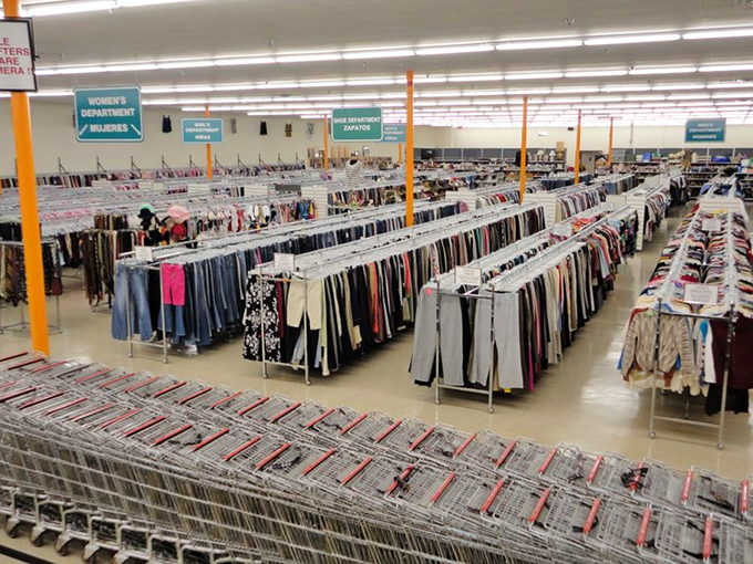 Clothing racks stretch to the horizon like a textile ocean. Each aisle holds potential wardrobe revolutions waiting to be discovered.