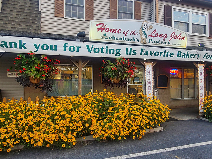 When a bakery proudly announces it's the "Home of the Long John," you know you're in for something special. Those flowers are just the appetizer!