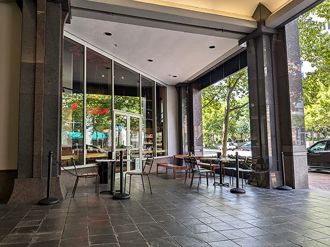 Andy's outdoor seating area offers a moment of pizza zen before the main event happens inside. 