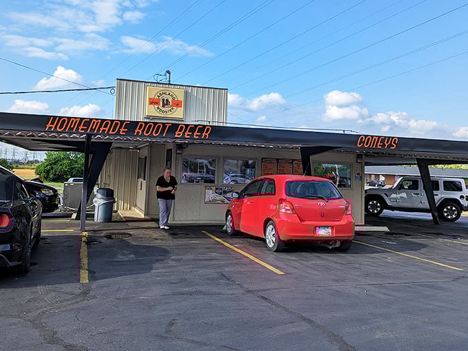 The Ashland-Wooster Drive-In doesn't whisper about its specialties &ndash; it announces "FIRE DOGS" and "FRIED PICKLES" like breaking news.