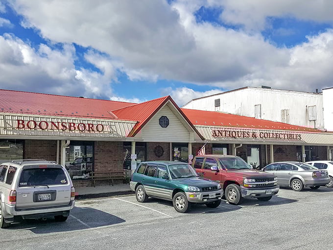 Boonsboro's Auction Square stands proud with its distinctive red roof. Like a barn raising that never stopped!
