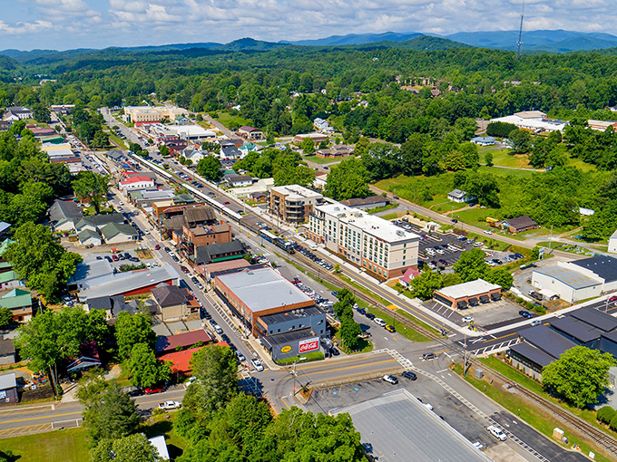 Blue Ridge's main street dappled in summer sunshine. The kind of place where "running errands" feels like a vacation.