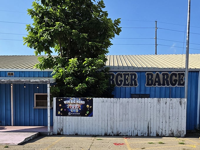 The Burger Barge's bright blue exterior is as bold as their flavor combinations. No fancy frills, just burger thrills!