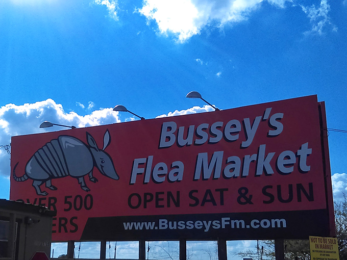 Bussey's Flea Market welcomes shoppers with its iconic armadillo logo. Like its namesake, this market has a tough exterior but reveals unexpected treasures inside.