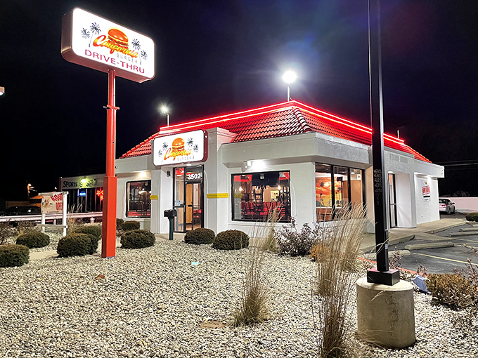 That glowing sign at night is like a burger bat-signal, calling all hungry heroes to California Burger.