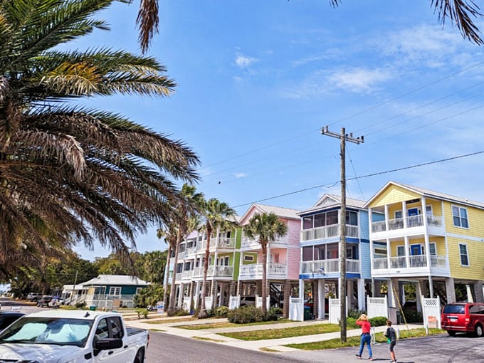 Colorful waterfront buildings in Cedar Key stand ready for their close-up, proving Florida's most authentic spots come in small, delightfully weathered packages.