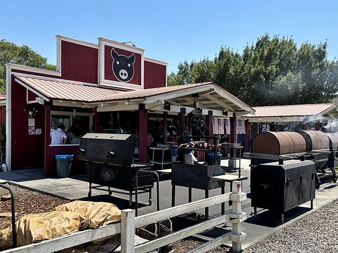 Copper Top BBQ's bright red pig sign is like a beacon for hungry travelers. In the shadow of the Sierras, this roadside gem proves paradise can be found between two buns.