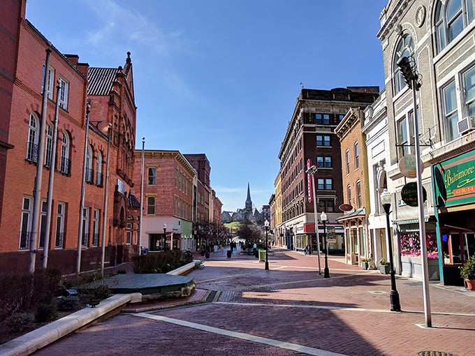Cumberland's downtown pedestrian mall stretches through the heart of this mountain town like Main Street USA.