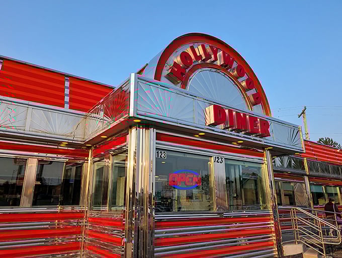 Hollywood Diner: Red, chrome, and ready for your close-up! This cinematic beauty serves breakfast worthy of the silver screen.