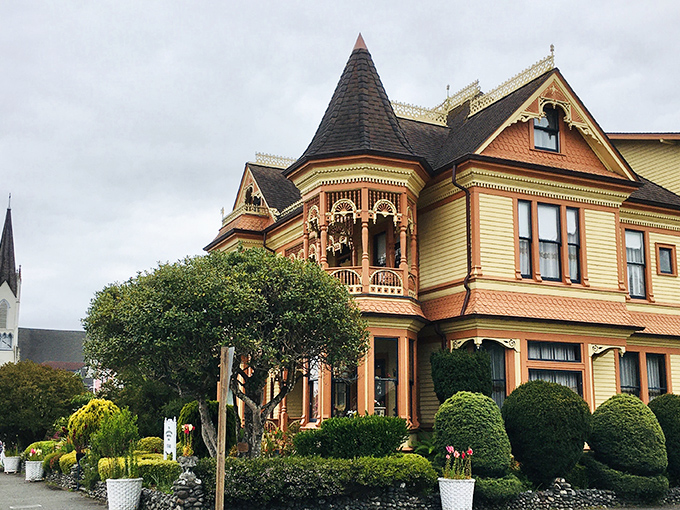 Ferndale's Victorian splendor shines through in this ornate building, where gingerbread trim and warm colors welcome visitors.