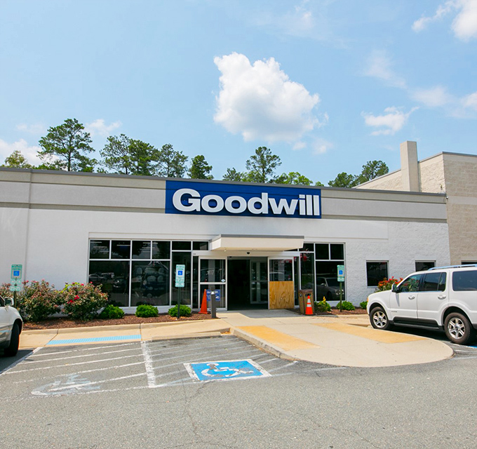 Goodwill's clean, bright storefront promises an organized adventure through yesterday's treasures.