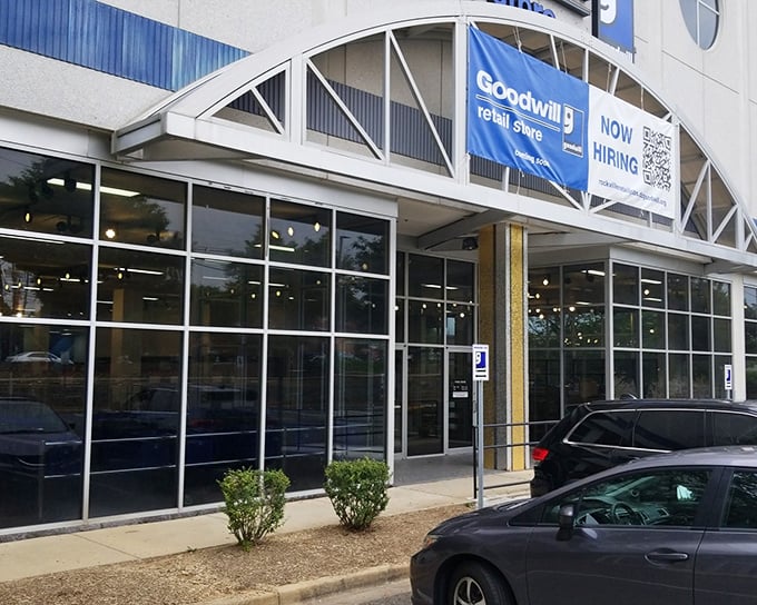 Goodwill's welcoming entrance feels like the gateway to possibility. That perfect vintage find is waiting just beyond those doors.