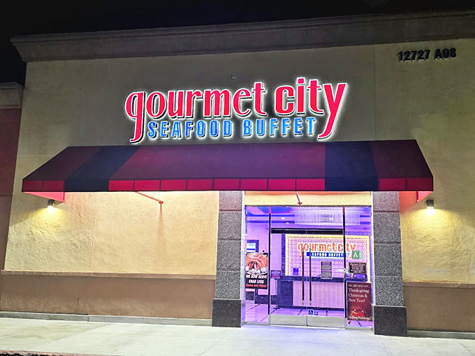 Glowing like a neon promise in the night. The seafood buffet equivalent of “if you build it, they will come.”