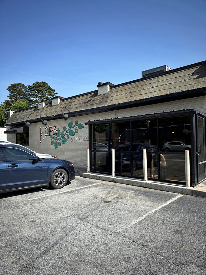 Hops Burger Bar's clean, modern exterior gives just a hint of the creative burger masterpieces waiting inside.