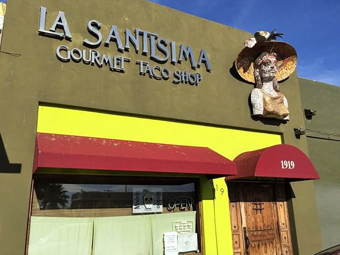 La Santisima's vibrant facade and Day of the Dead artwork announce: "This is not your average taco shop!" The colorful welcome matches the bold flavors inside.