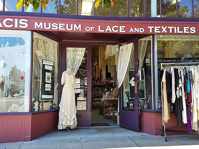 Delicate lace curtains frame a window into centuries of exquisite needlework and textile artistry.