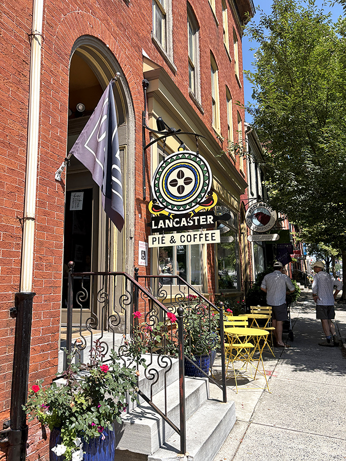 Lancaster Pie & Coffee's brick facade and wrought-iron details whisper "come for the architecture, stay for the pie."