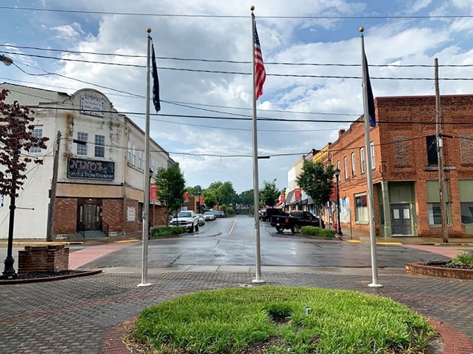 Liberty's classic Main Street showcases the heart of small-town America with its flags proudly displayed.