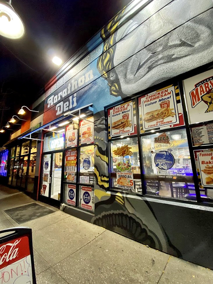 Late night cravings meet their match! Marathon Deli's colorful exterior hints at the bold Greek flavors waiting inside.