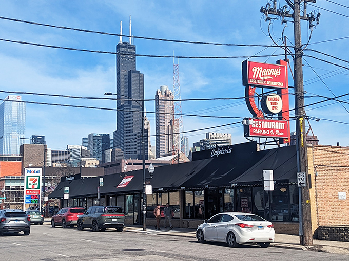 Manny's Cafeteria: That iconic sign with the Chicago skyline backdrop. A sandwich with a view!