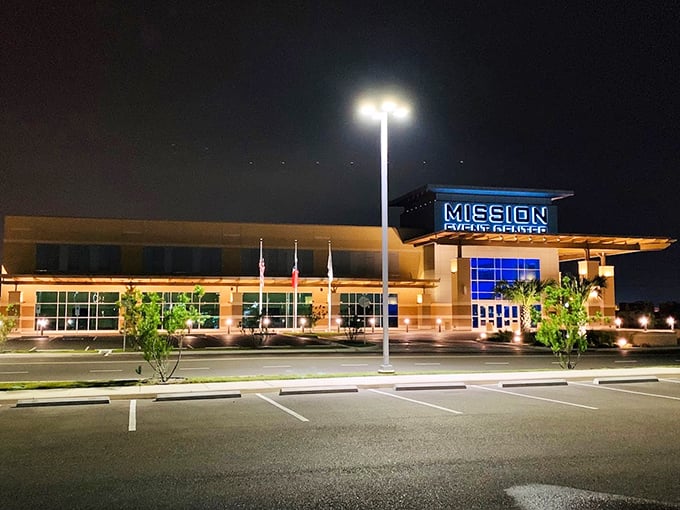 Mission's modern event center lights up the night sky. Community gatherings happen here without emptying retirement accounts.