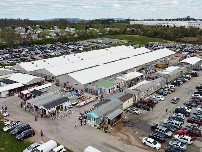 Morning Sun Marketplace's outdoor food area with colorful signs advertising treats. Fuel up before the treasure hunt begins!