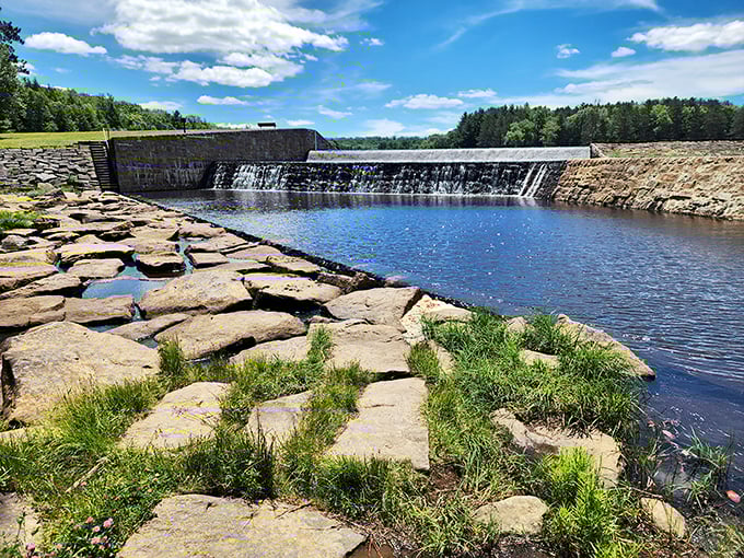 Mother Nature's waterfall masterpiece at Parker Dam, where rushing water creates nature's own symphony over ancient stones.
