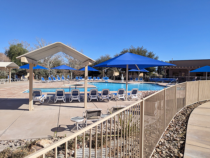 An aerial view that looks like a resort brochure. Rancho Resort's winding waterways create a desert oasis that defies budget-friendly pricing.