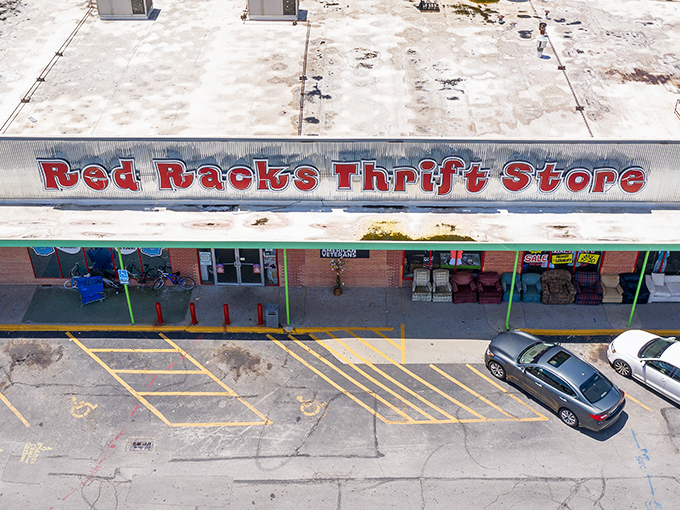Red Racks' distinctive signage stands out like a beacon for bargain hunters cruising through Kansas City.