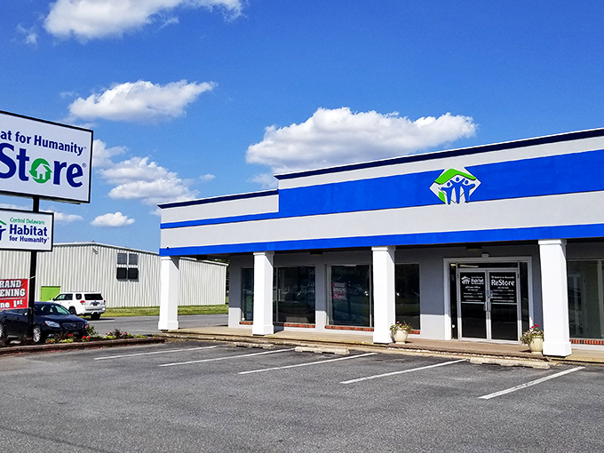 The blue and white Habitat ReStore stands proud, a beacon for budget-conscious home improvers and bargain hunters.